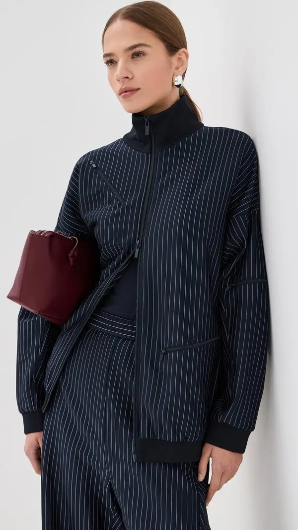 Tibi Pinstripe Active Knit Zip-Up Track Jacket - Navy Multi